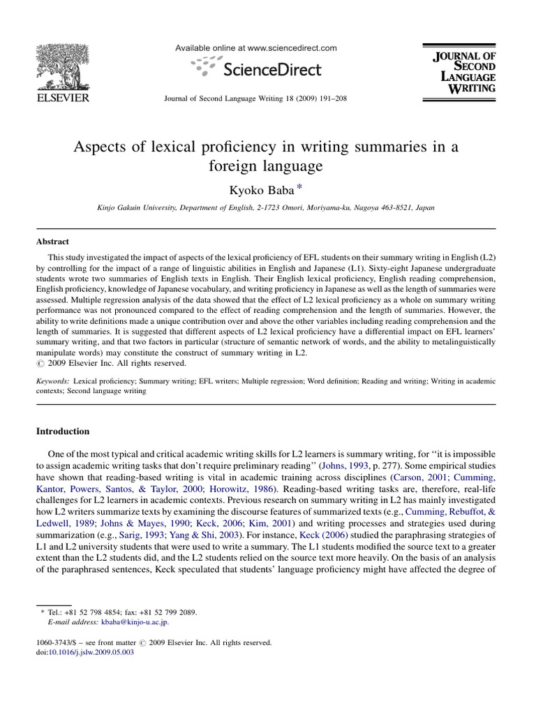 Aspects of Lexical Proficiency in Writing Summaries in A Foreign Language | PDF | Second ...