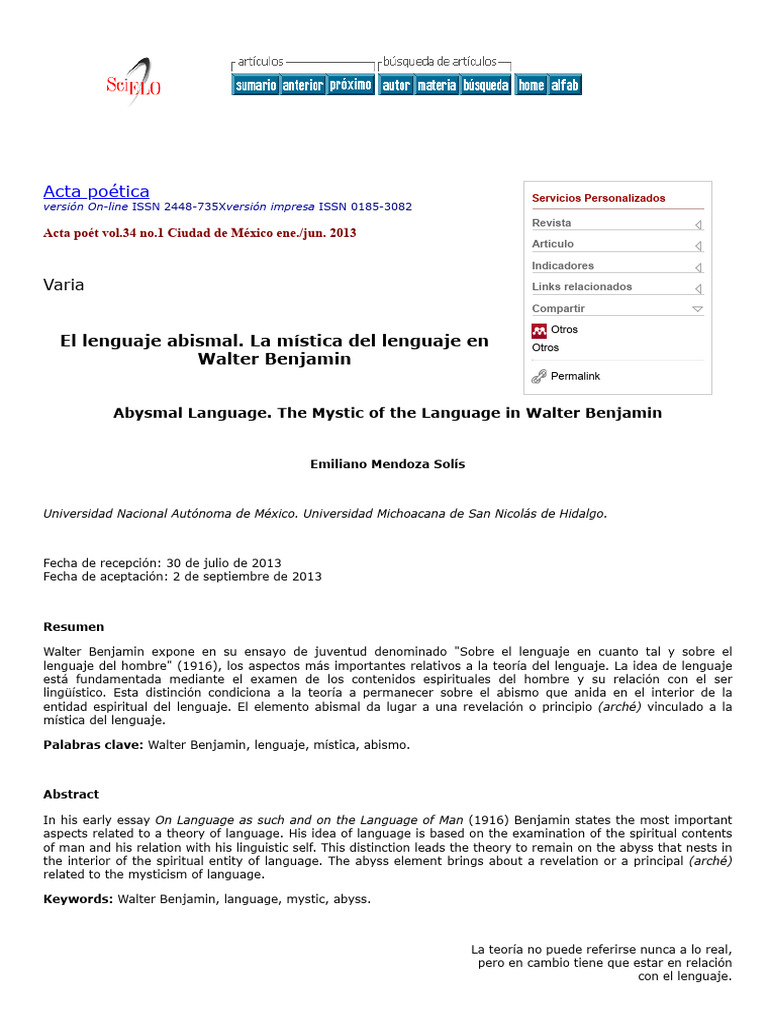 El Lenguaje Abismal - La Mística Del Lenguaje en Walter Benjamin | PDF | Teoría | Conocimiento