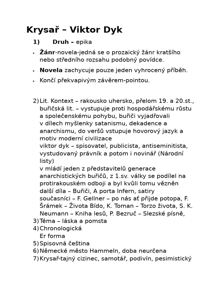 Krysař - Viktor Dyk: 1) Druh - Žánr Novela | PDF