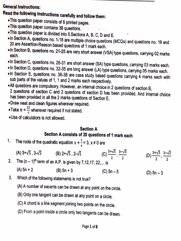Math QP Class 10 | PDF