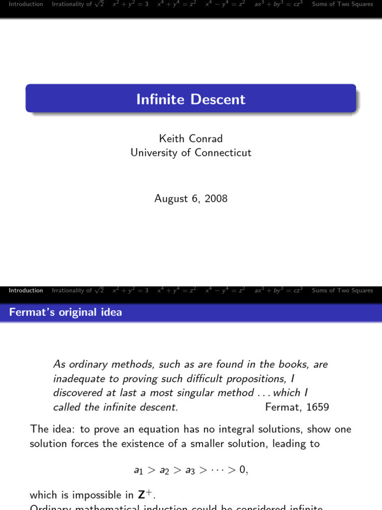 Fermat's Method of Infinite Descent - Keith Conrad | PDF | Square Root | Prime Number