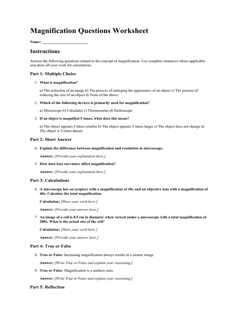 Magnification Questions Worksheet | PDF