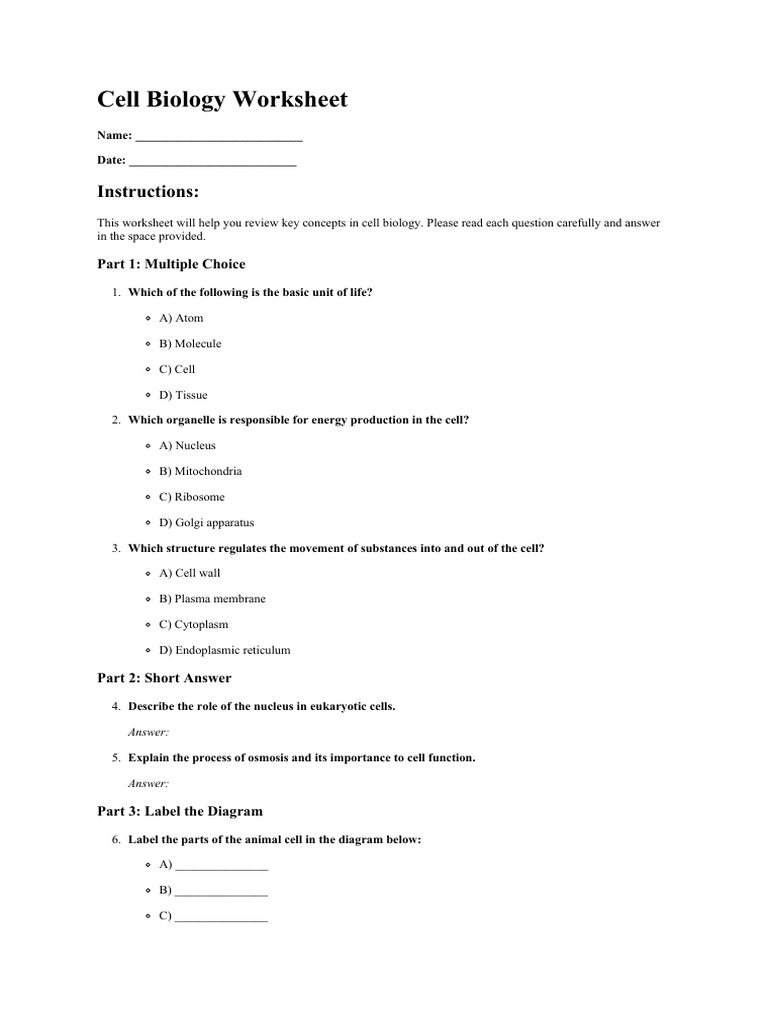 Cell Biology Worksheet | PDF