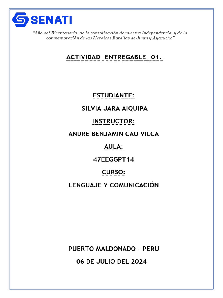 Lenguaje y Comunicacion Entregable 01 Senati Primer Semestre | PDF | Verbo | Adjetivo