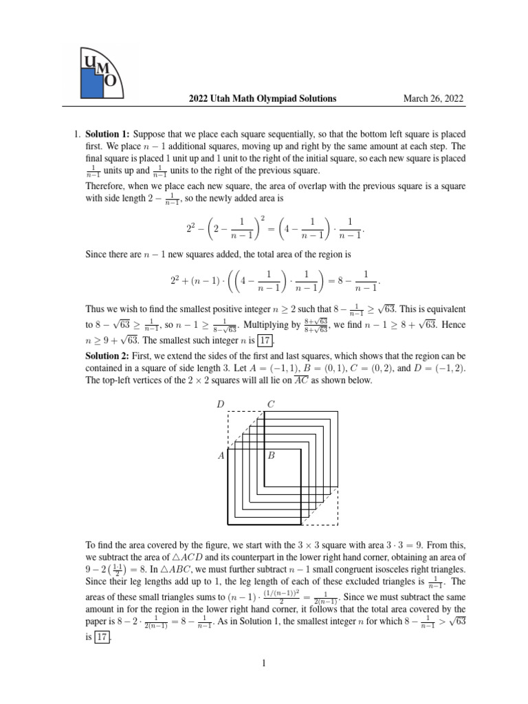 Utah Math Olympiad 2022 Solutions | PDF | Number Theory | Mathematics