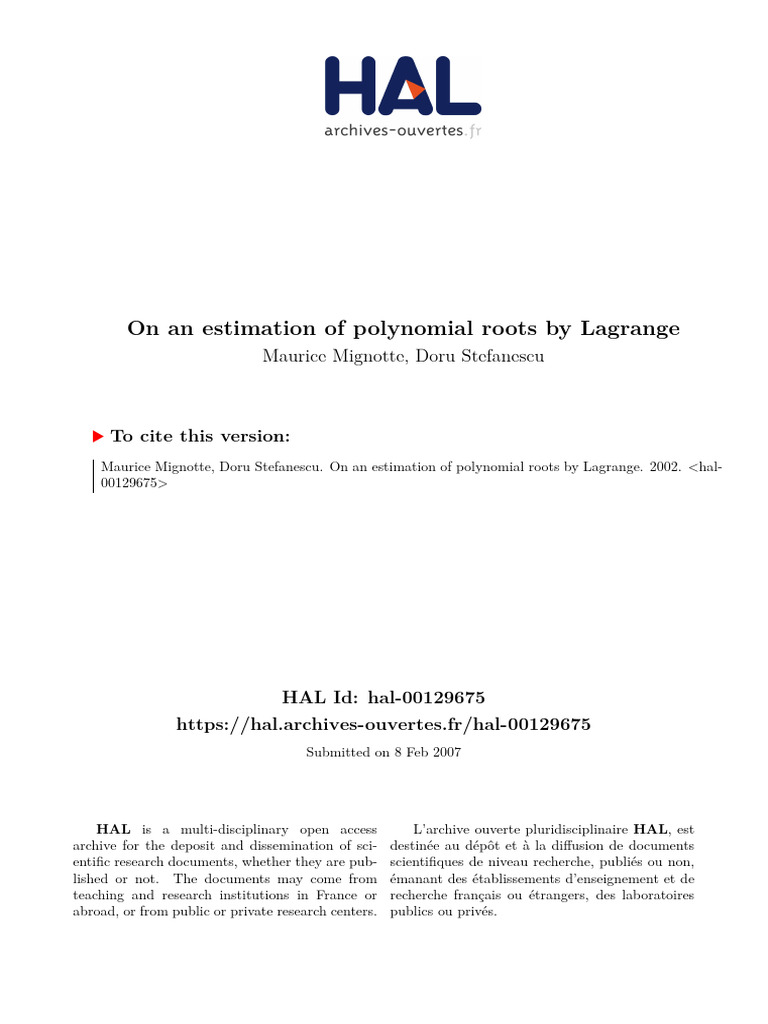 On An Estimation of Polynomial Roots by Lagrange | PDF