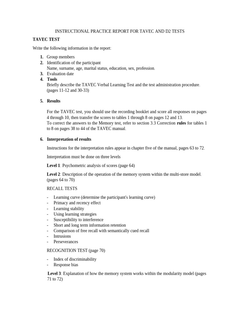 Instructive Report On The Practice of Tavec and D2 Tests PDF | PDF ...