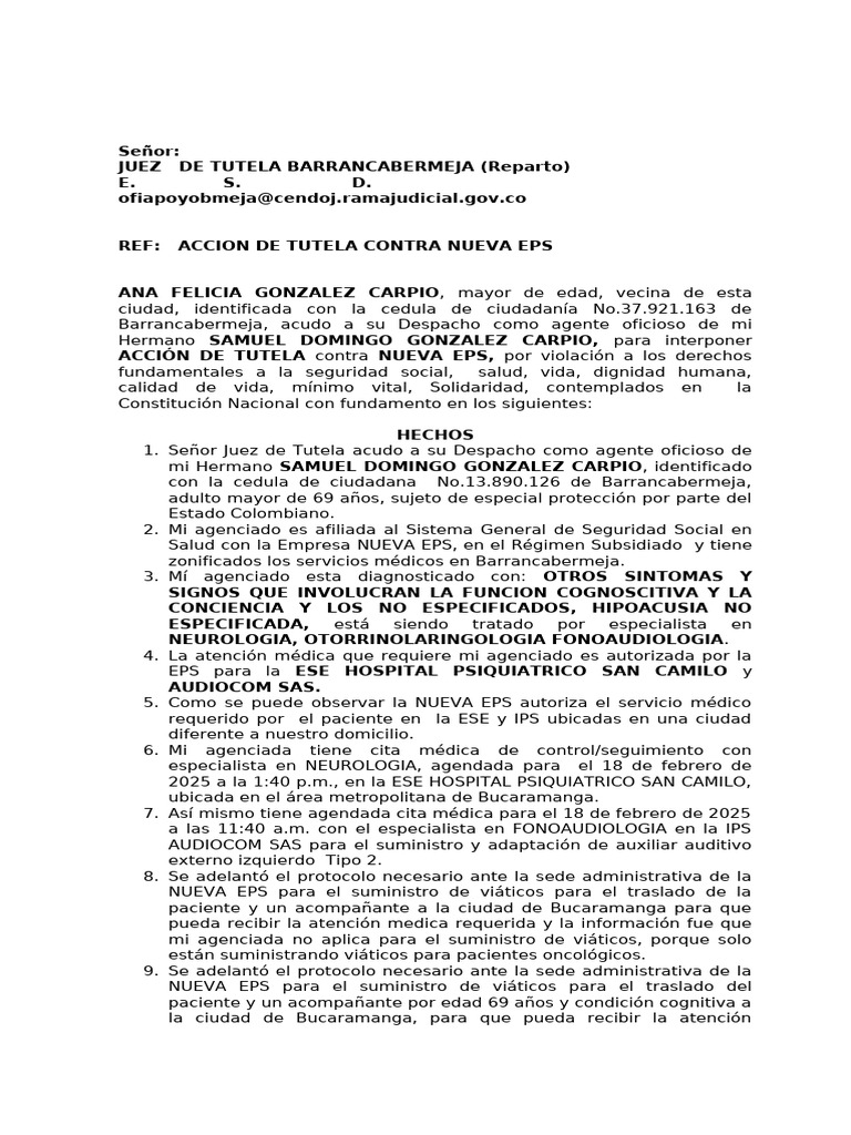 Tutela Viaticos Nueva Eps - Ana Felicia Gonzalez Carpio Agente Oficioso ...