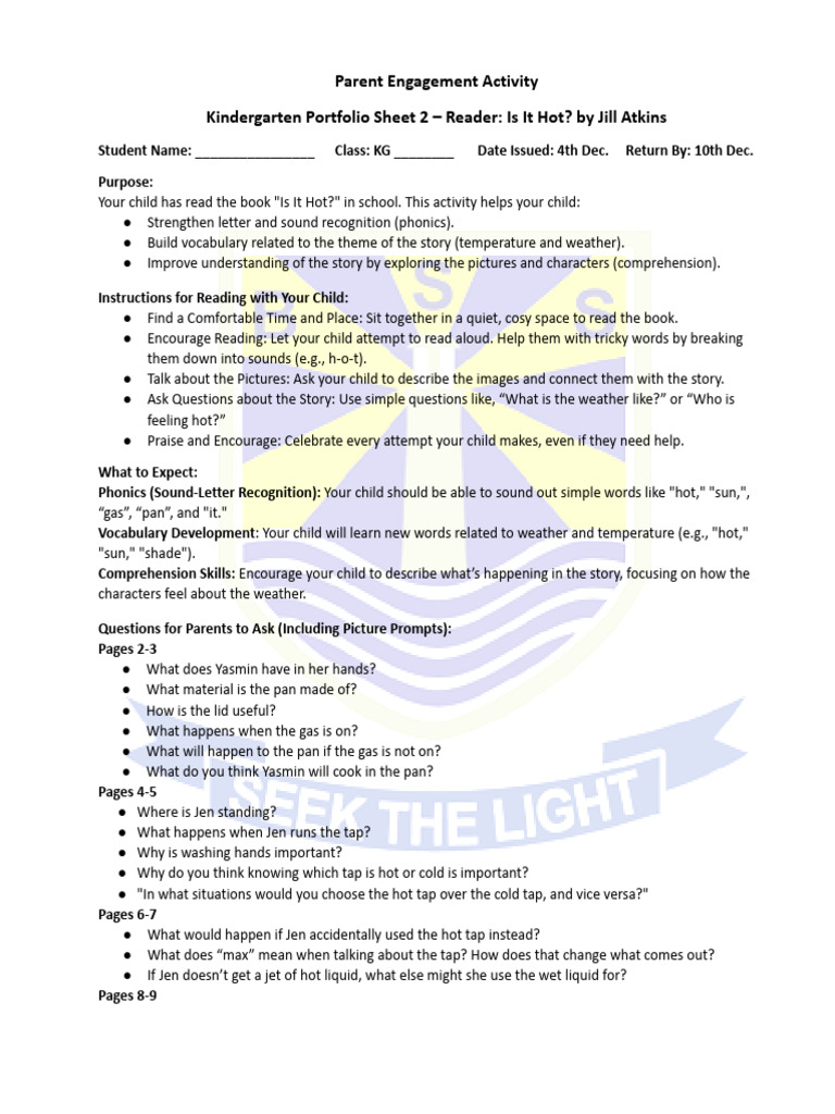 K.G 2 - Parent Engagement Activity | PDF | Reading Comprehension | Phonics