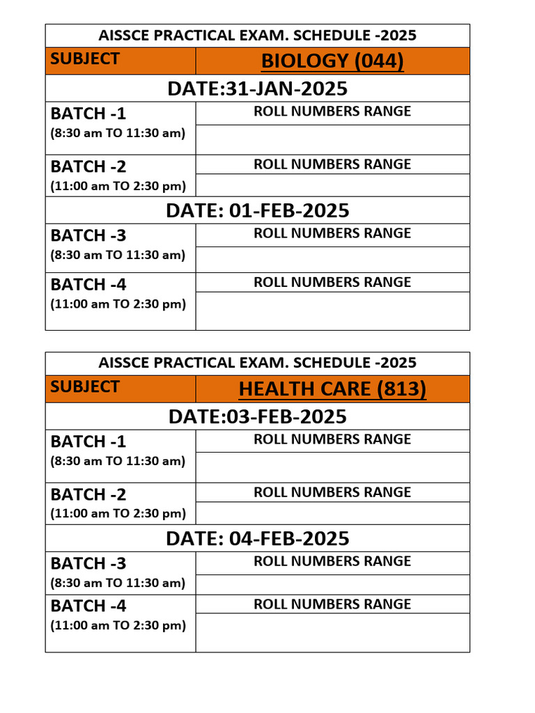 AISSCE SCHEDULE BATCHWISE__BIO_HC_2025_PRACICAL | PDF