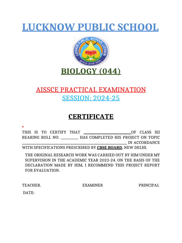 AISSCE Biology Project Certificate | PDF