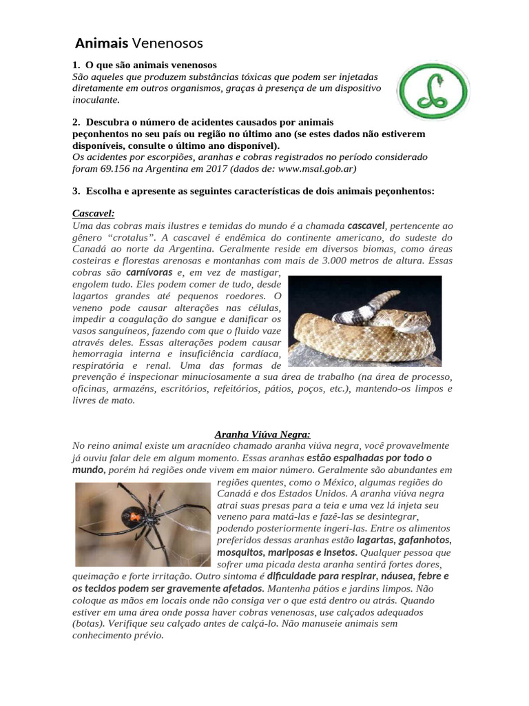 Animais Venenosos: Características e Cuidados | PDF | Aranha | Serpente