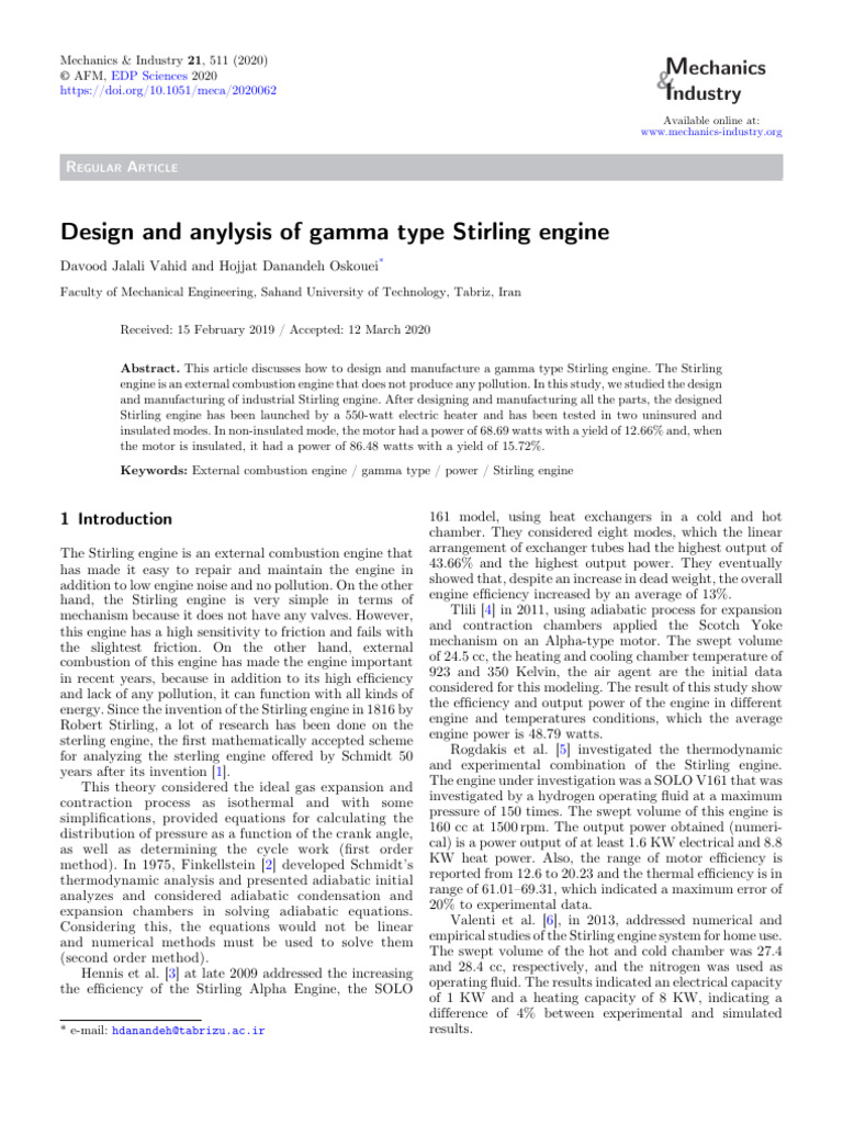 Gamma Type Stirling Engine Design Analysis | PDF | Engines | Mechanical ...