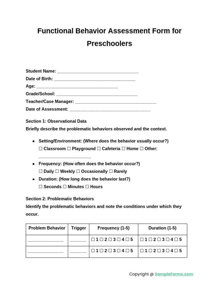 Functional Behavior Assessment Form For Preschoolers | PDF | Behavior | Reinforcement