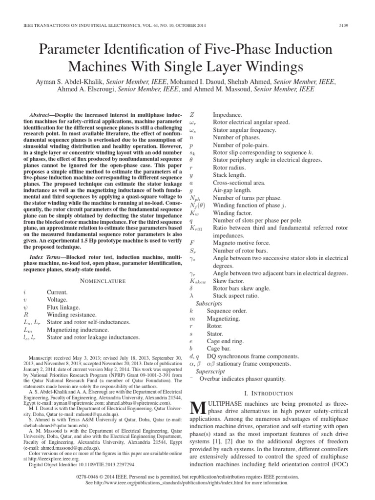 Parameter Identification of Five-Phase Induction Machines With Single Layer Windings | PDF ...