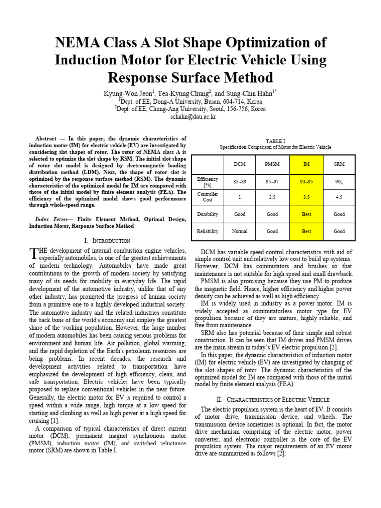 NEMA Class A Slot Shape Optimization of Induction Motor For Electric Vehicle Using Response ...