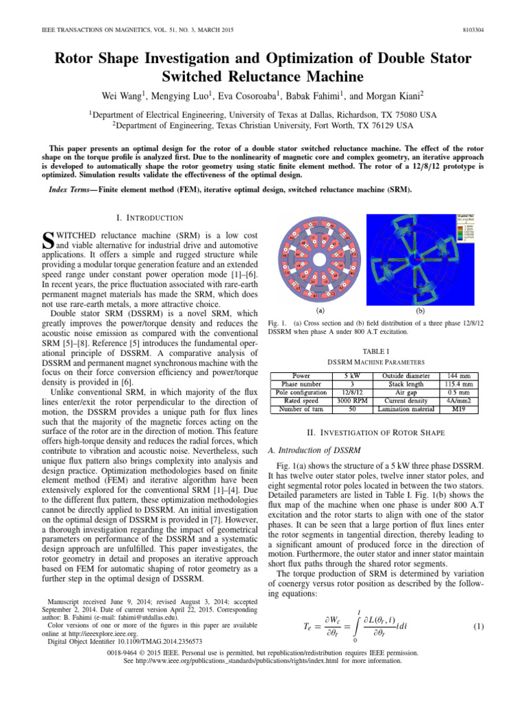 Rotor Shape Investigation and Optimization of Double Stator Switched Reluctance Machine | PDF ...