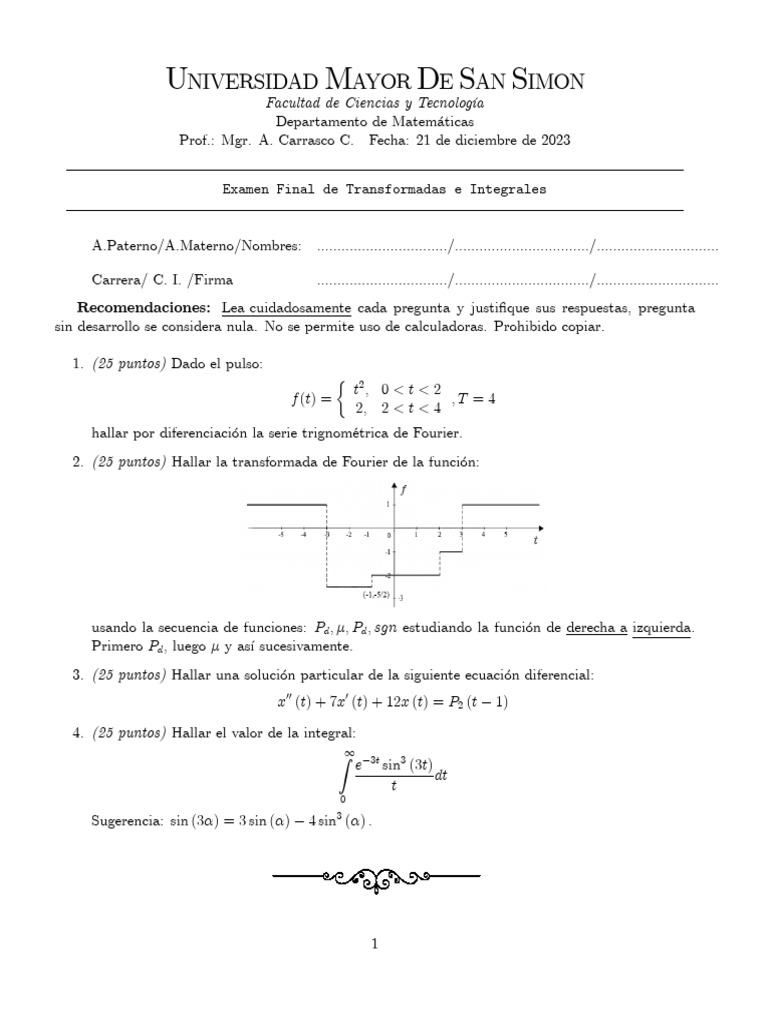 Examen Transformadas e Integrales 2023 | PDF | Matemáticas