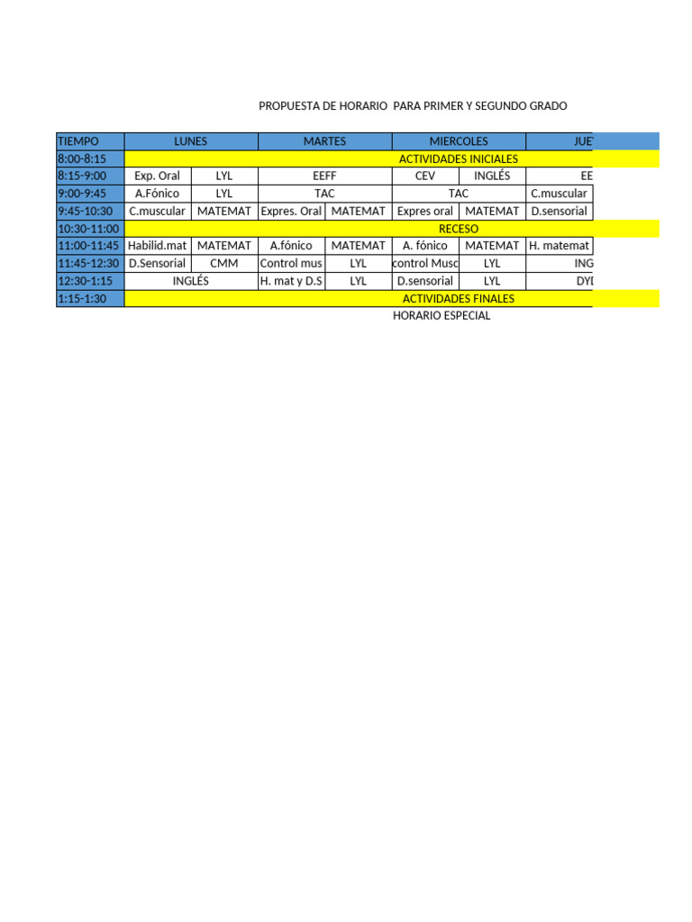 Horario Escolar Primer y Segundo Grado | PDF