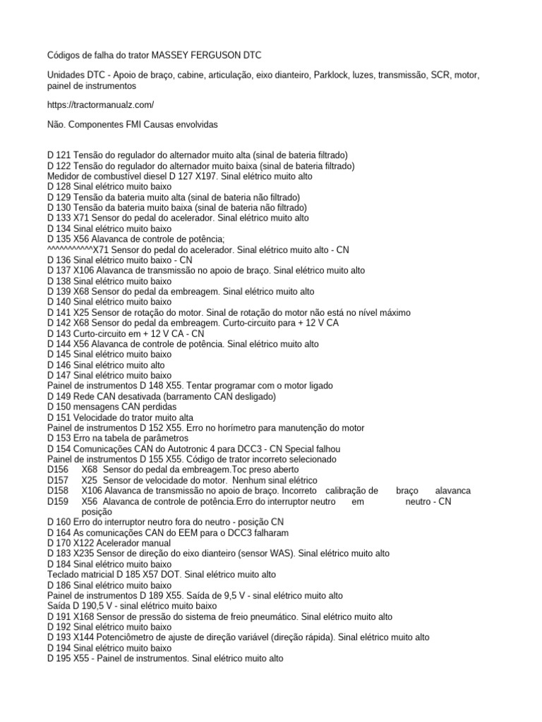 Códigos de Falha Do Trator Massey Ferguson DTC | PDF | Válvula | Motores