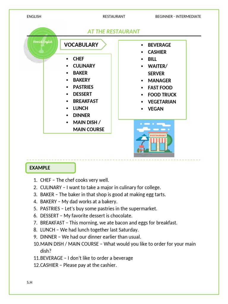 Restaurant Vocabulary for Beginners | PDF