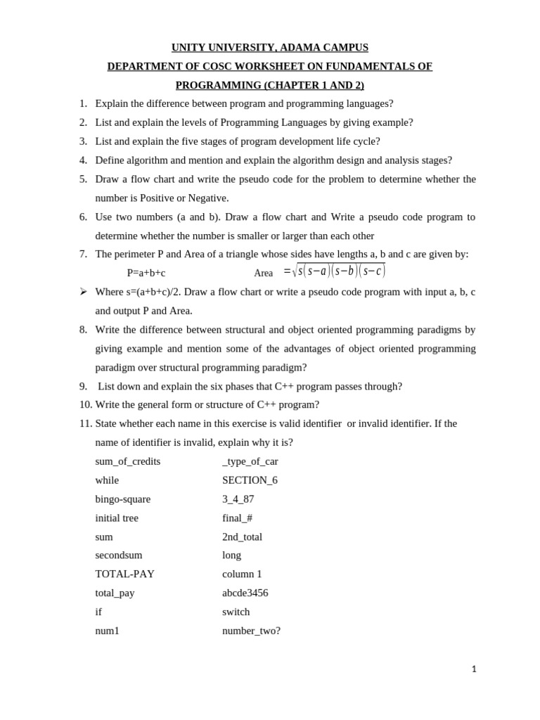 Worksheet On Chapter One and Two | PDF | Namespace | C++