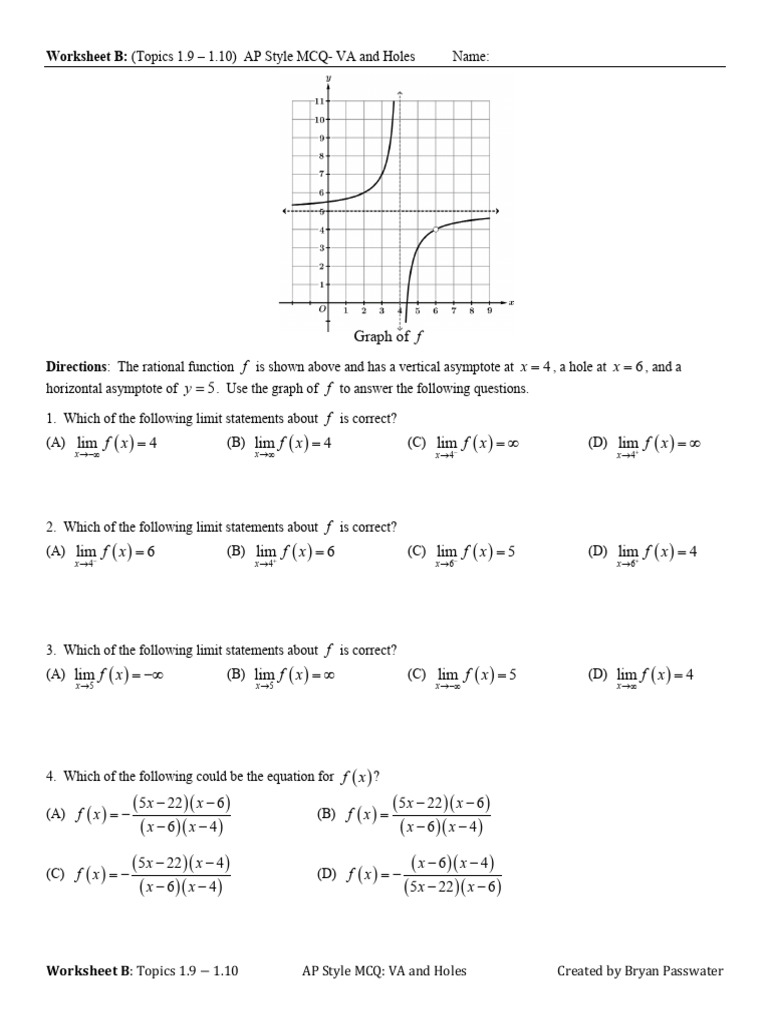 APPC 1.9-1.10B WKST AP Style MCQ Rational Functions VA and Holes | PDF | Asymptote ...