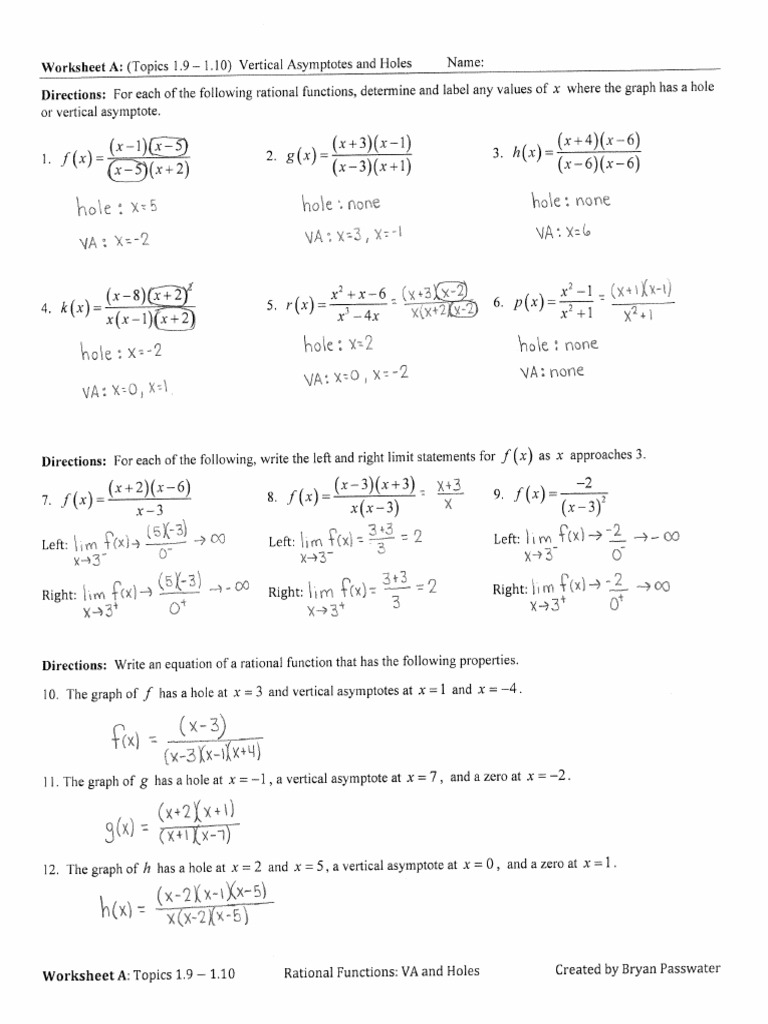 Homework Solutions 1 9 1 10 Rational Functions Vertical Asymptotes And Holes Pdf