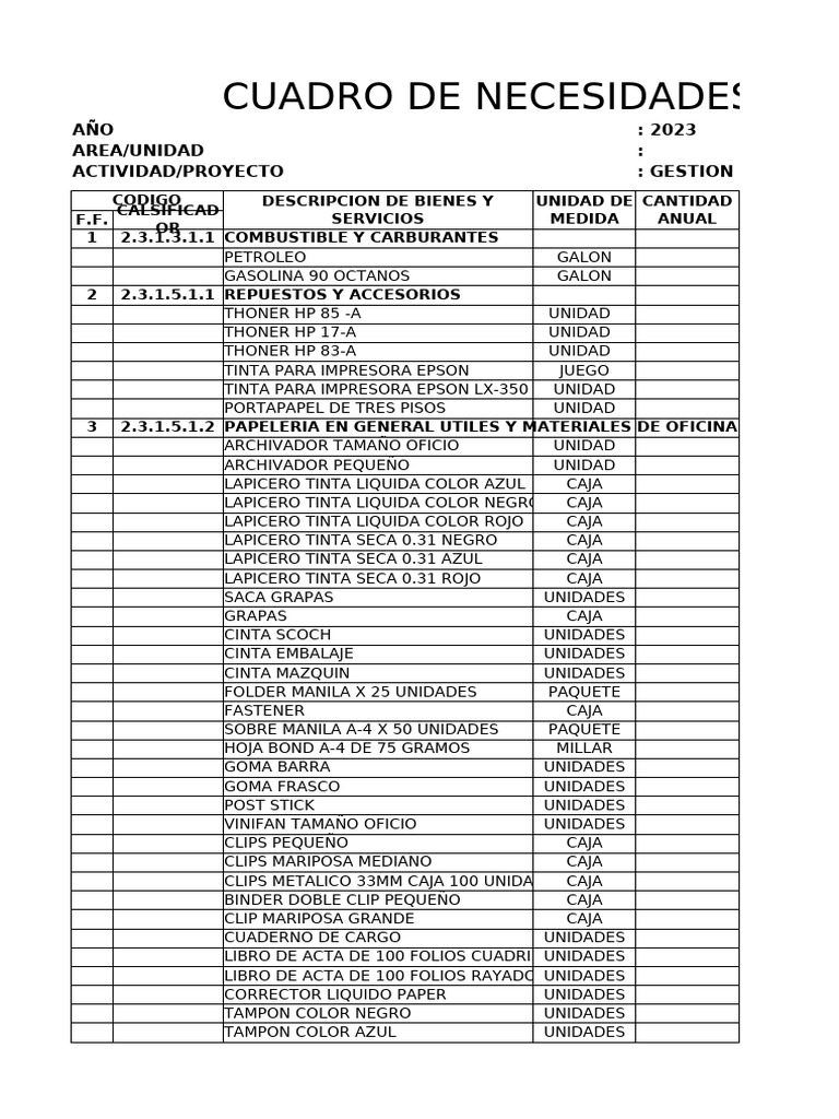 CUADRO DE NECESIDADES 2023 | PDF | Tinta | Papelería