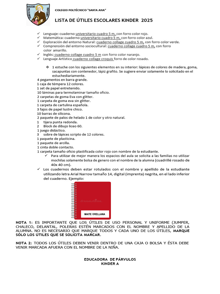Lista Útiles Escolares Kinder 2025 | PDF | Lápiz | Implementos de escritura