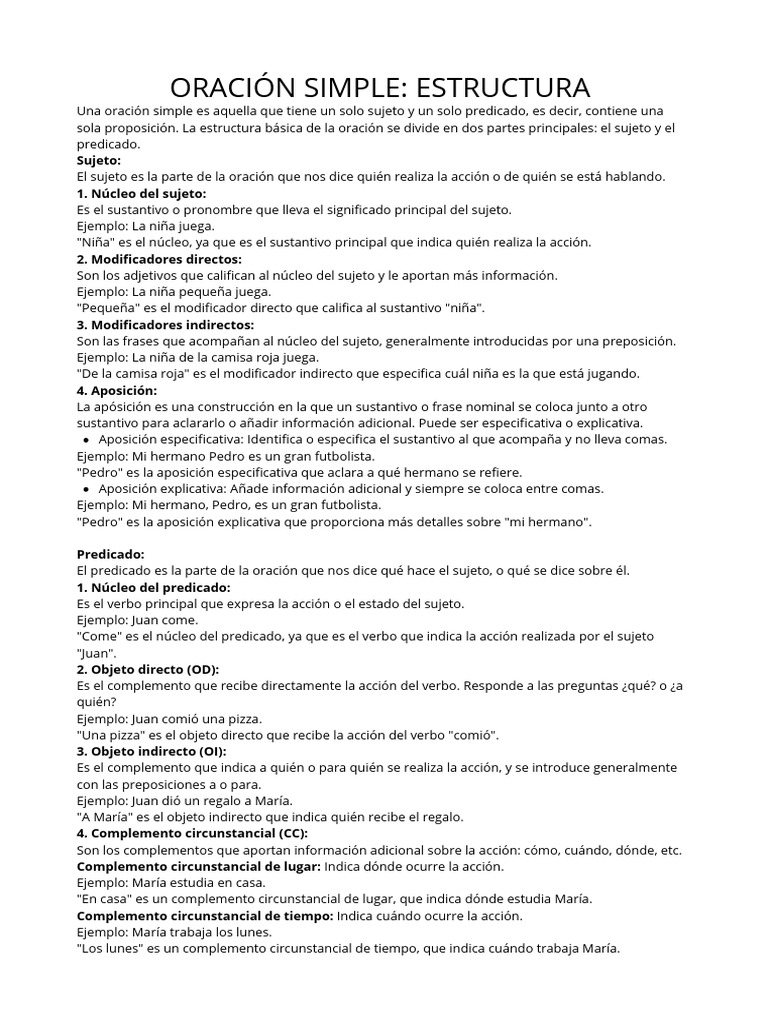 Oración Simple Estructura | PDF | Asunto (gramática) | Objeto (gramática)