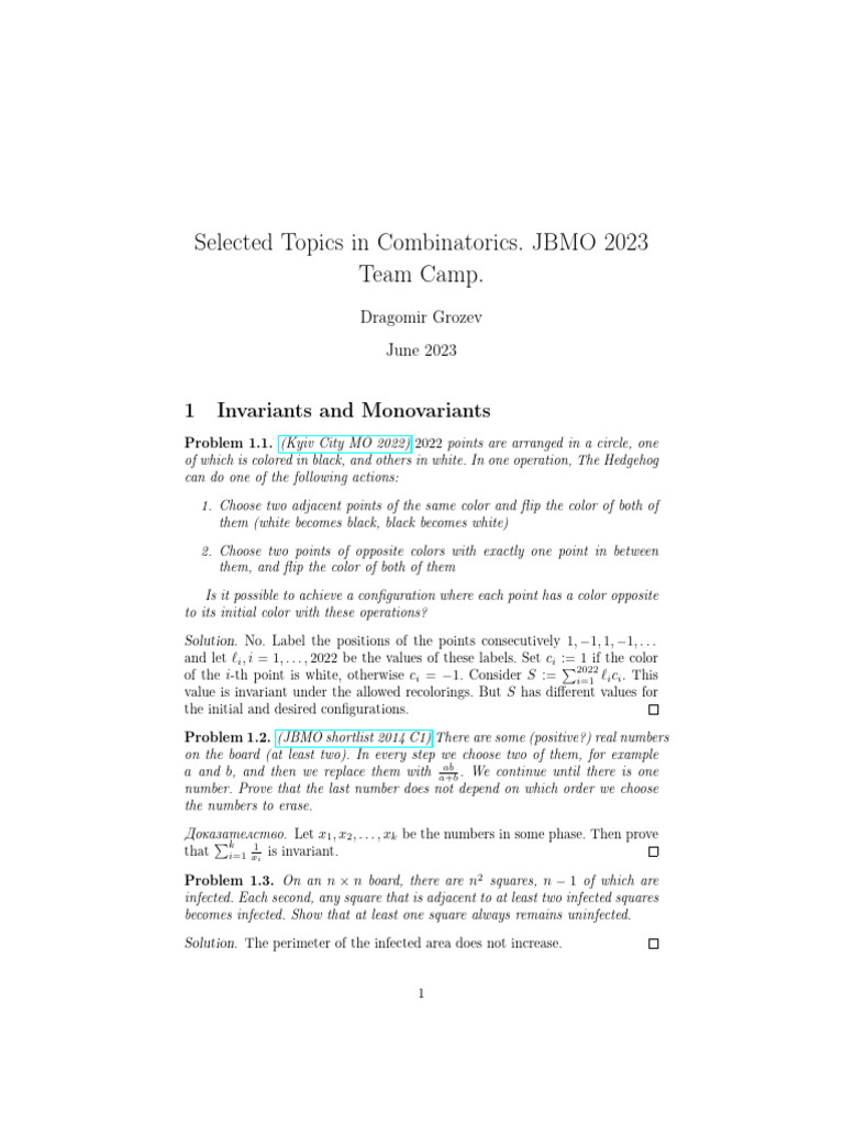 Combinatorics Jbmo Camp 2023 | PDF | Theoretical Computer Science | Mathematical Logic