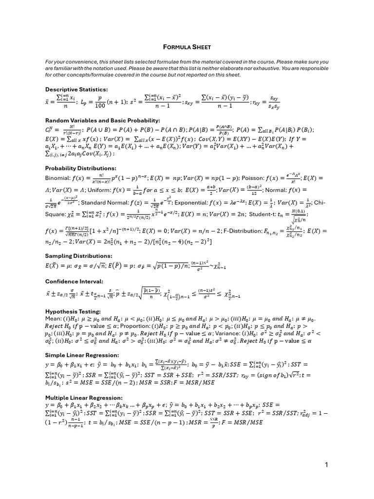 Business Stats Formulae and Tables | PDF | Chi Squared Distribution | Confidence Interval