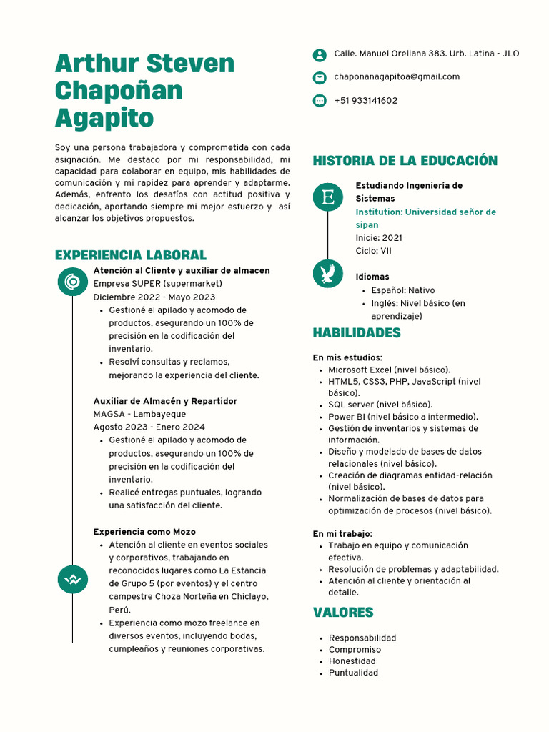 CV - Arthur Steven Chapoñan Agapito | PDF | Informática