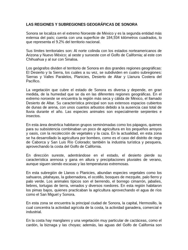 l2. Las Regiones y Subregiones Geográficas de Sonora | PDF | Sonora | Desierto