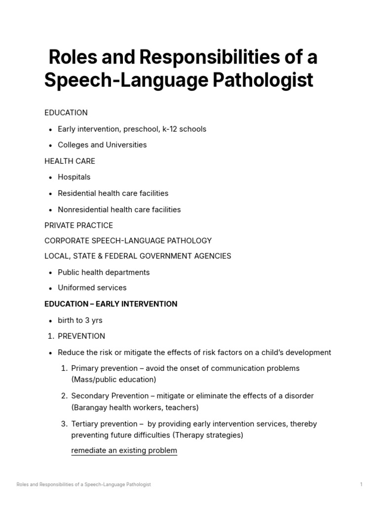 Roles and Responsibilities of A Speech-Language Pathologist | PDF ...