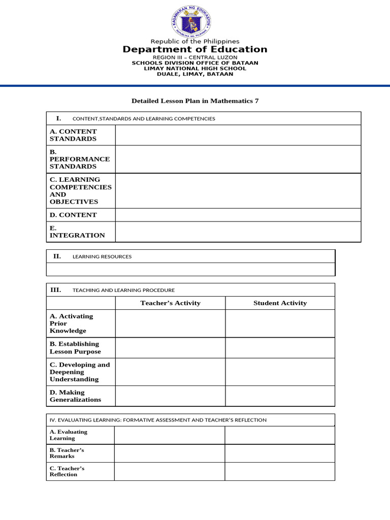 Format Detailed Lesson Plan Math 1 | PDF