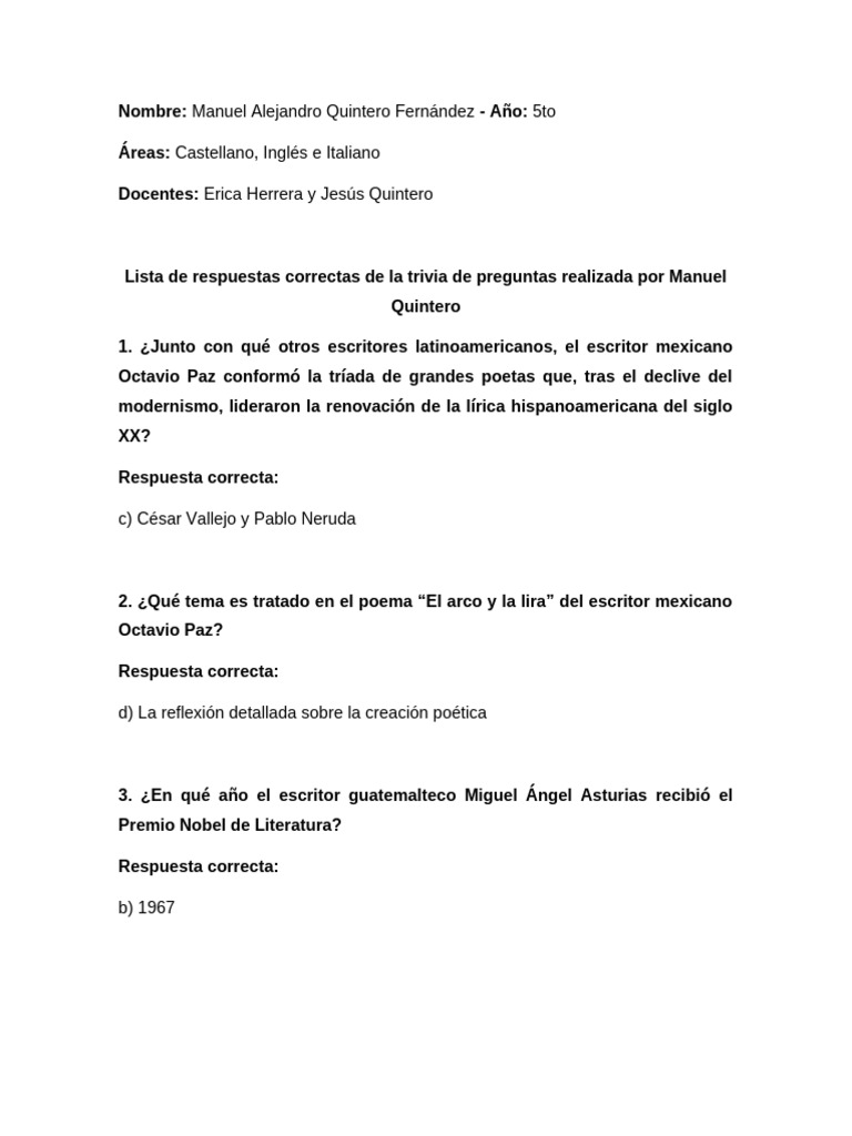 5to Año - Castellano, Inglés e Italiano - Trivia de Preguntas Lista de ...