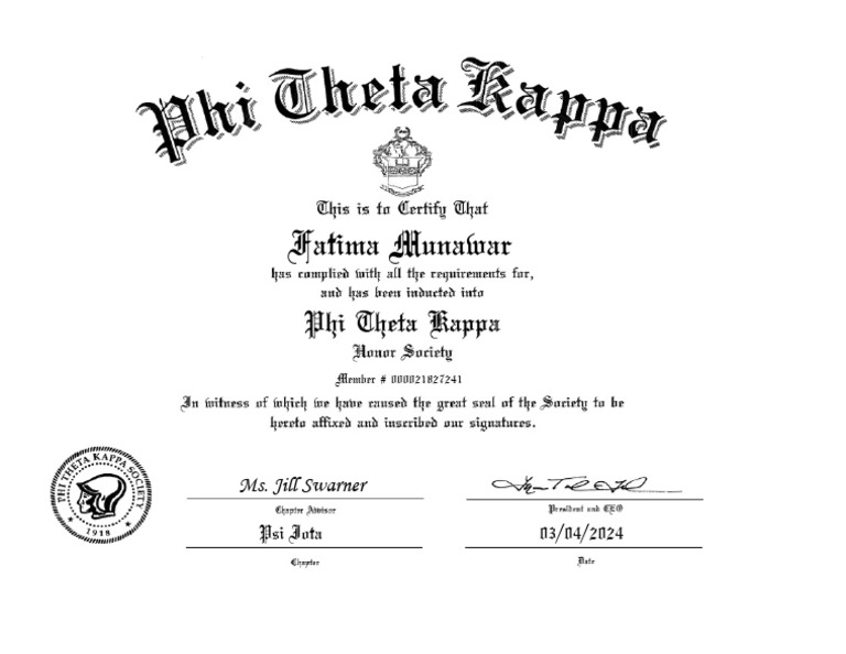 Phi Theta Kappa Certificate | PDF