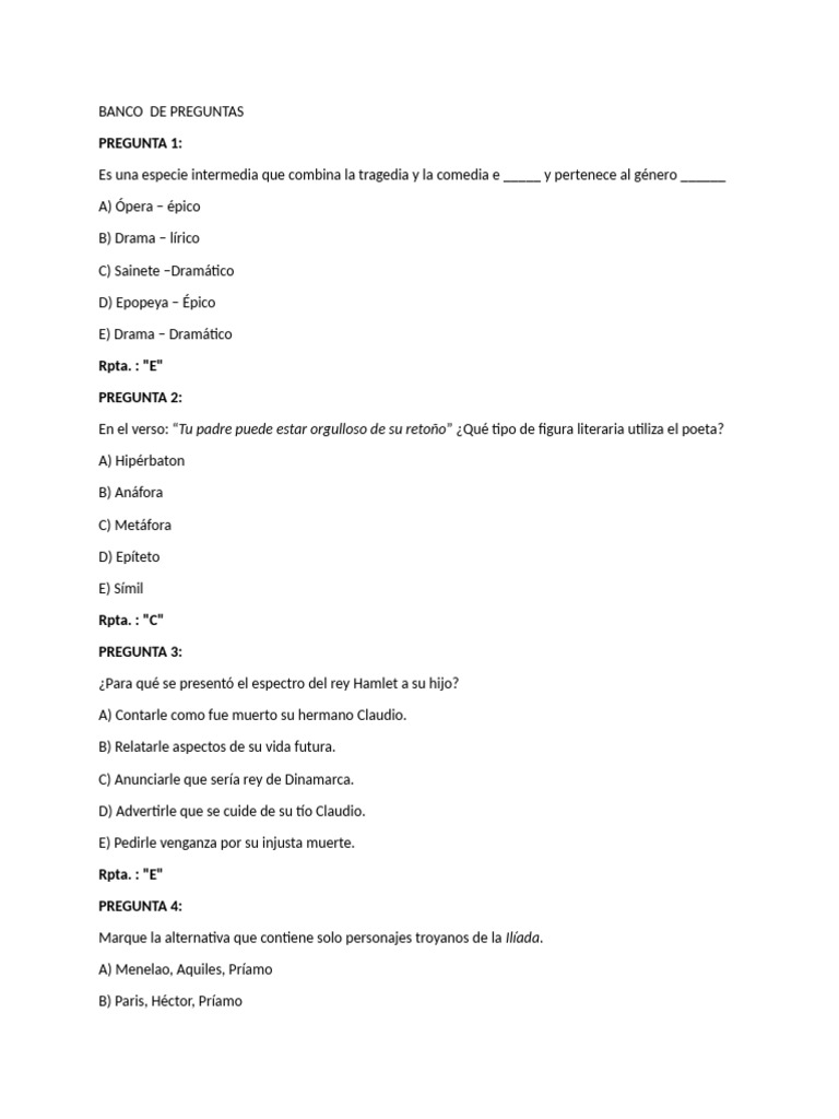 Banco de Preguntas Preu | PDF | Don Quijote | Héctor