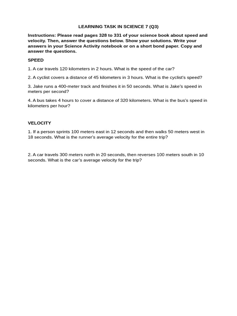 Speed and Velocity Exercises for Science 7 | PDF