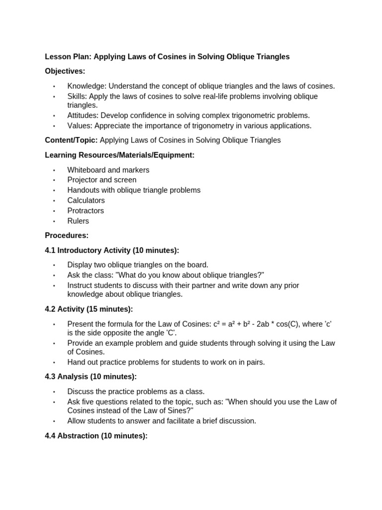 Applying Laws of Cosines in Solving Oblique Triangles | PDF ...