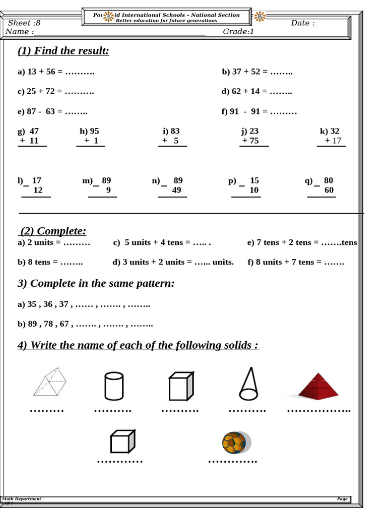 Grade 1 Math Practice Worksheet | PDF