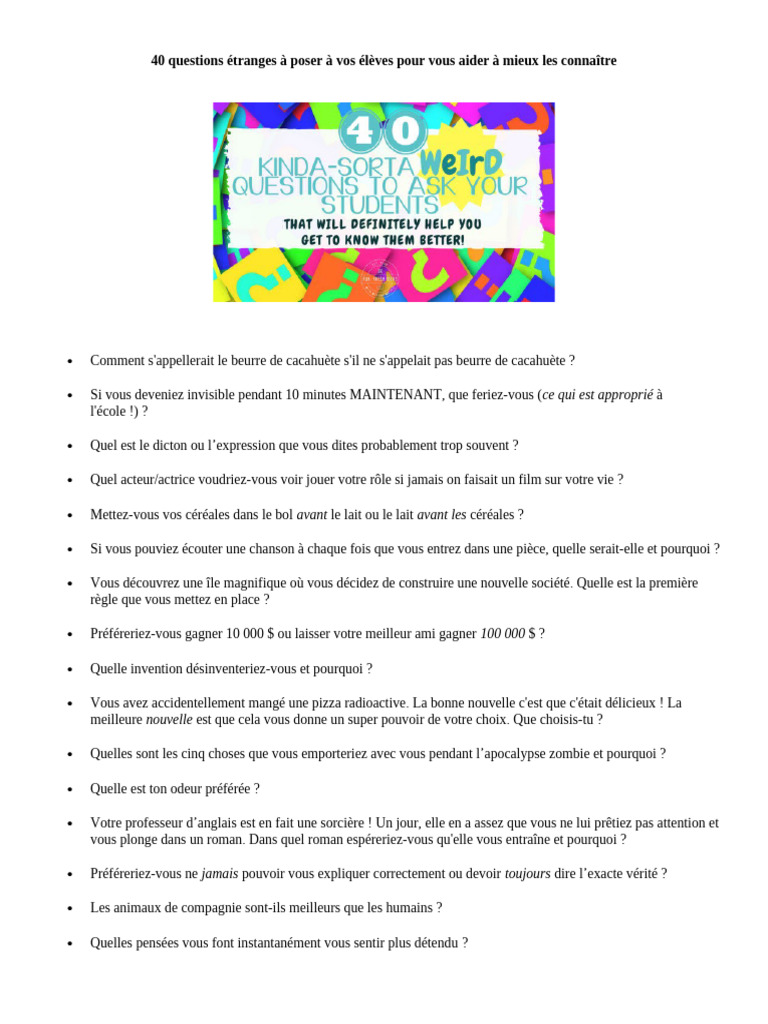 40 questions étranges pour connaître vos élèves | PDF