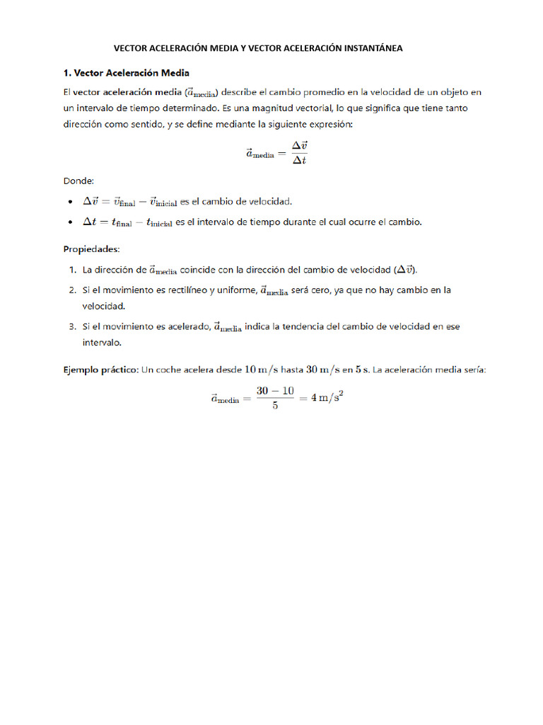 TEORIA - VECTOR ACELERACIÓN MEDIA Y VECTOR ACELERACIÓN INSTANTÁNEA | PDF