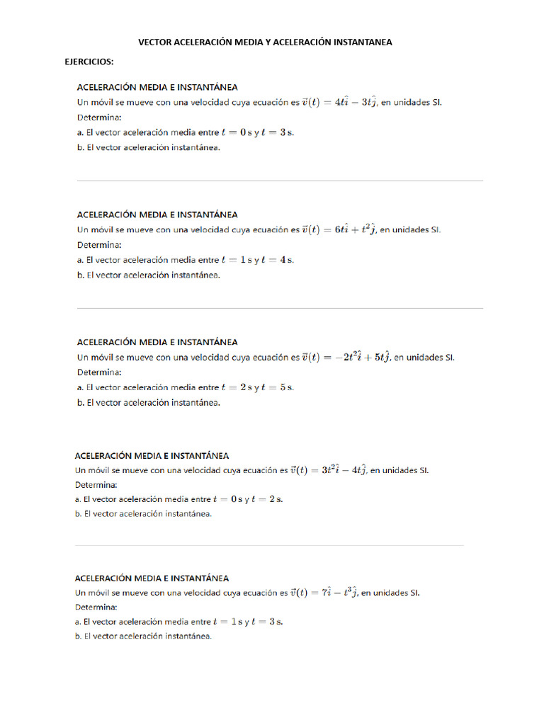 Ejercicios - Vector Aceleración Media y Aceleración Instantanea | PDF