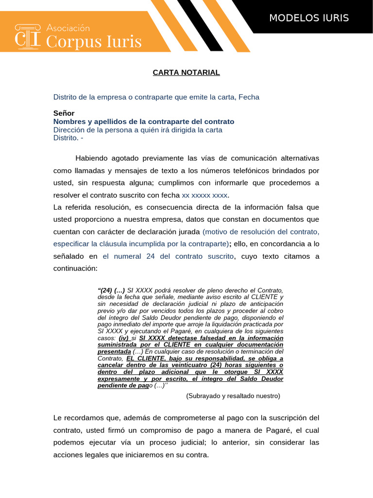 Carta Notarial de Resolución de Contrato - Modelos Iuris | PDF