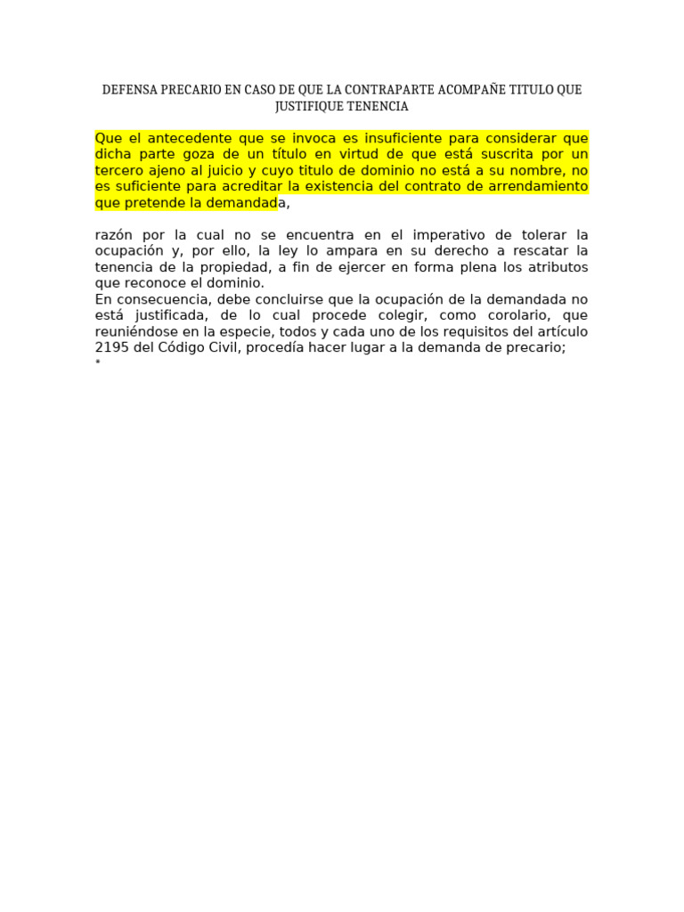 Defensa Precario en Caso de Que La Contraparte Acompañe Titulo Que ...