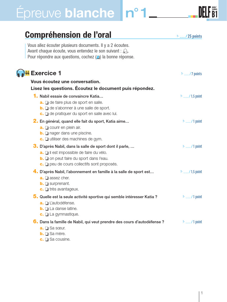 Épreuve blanche B1 : Compréhension orale et écrite | PDF