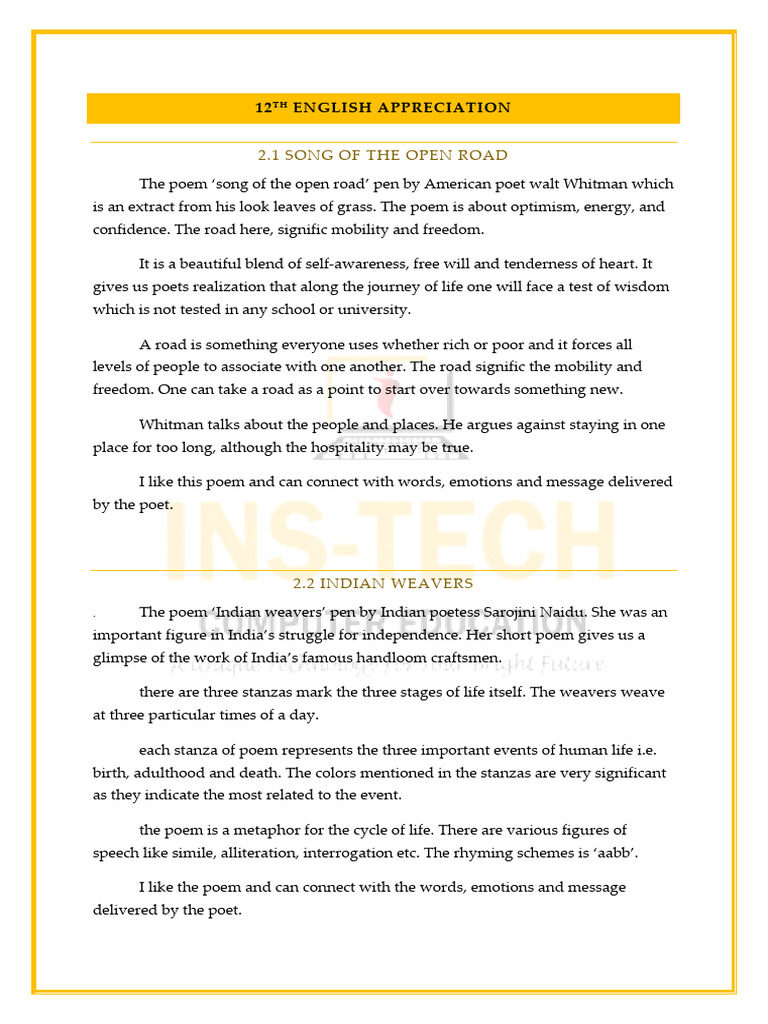 12TH English Appreciation | PDF | Poetry